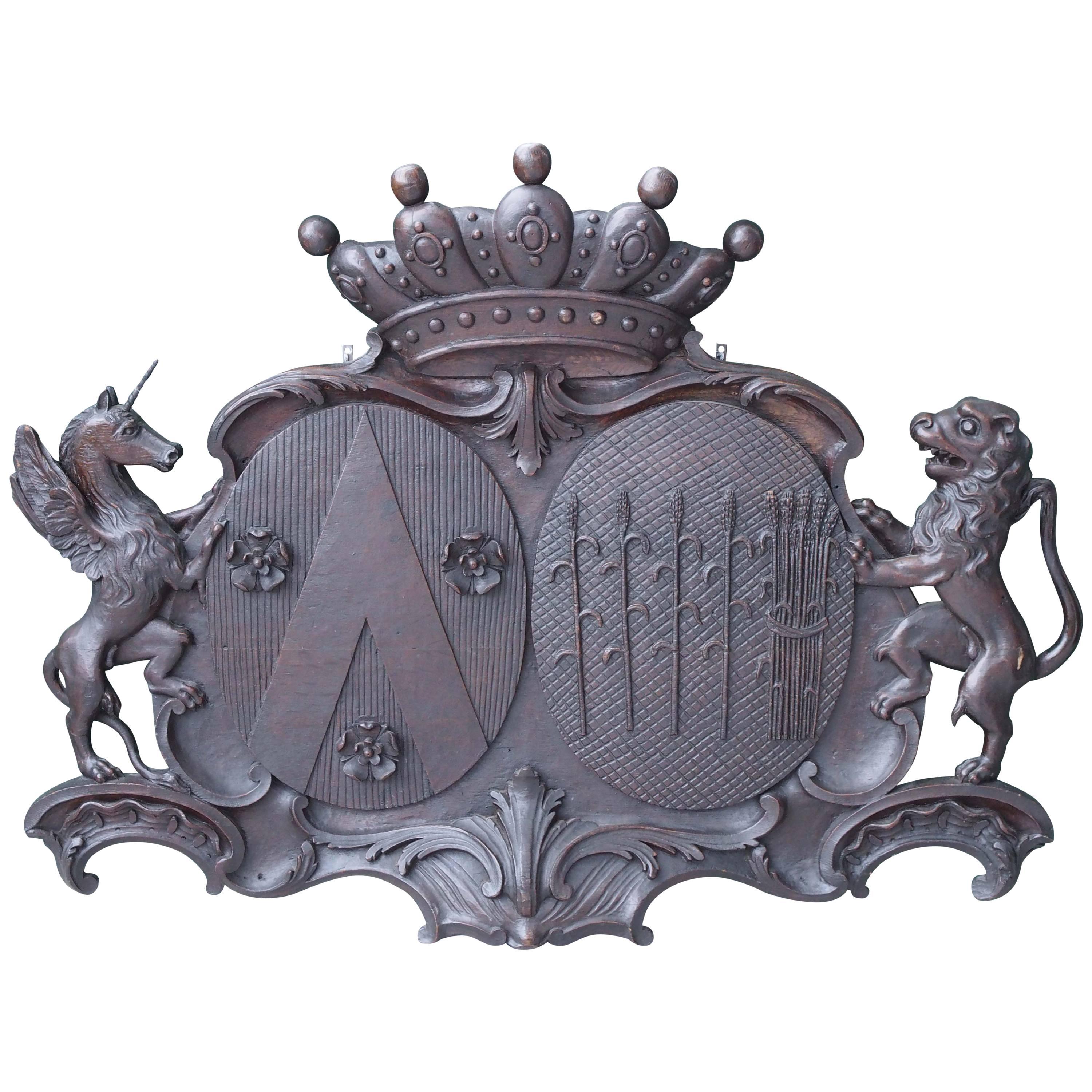 Carved Wood Amorial Crest with Lion, Crown and Unicorn at 1stDibs