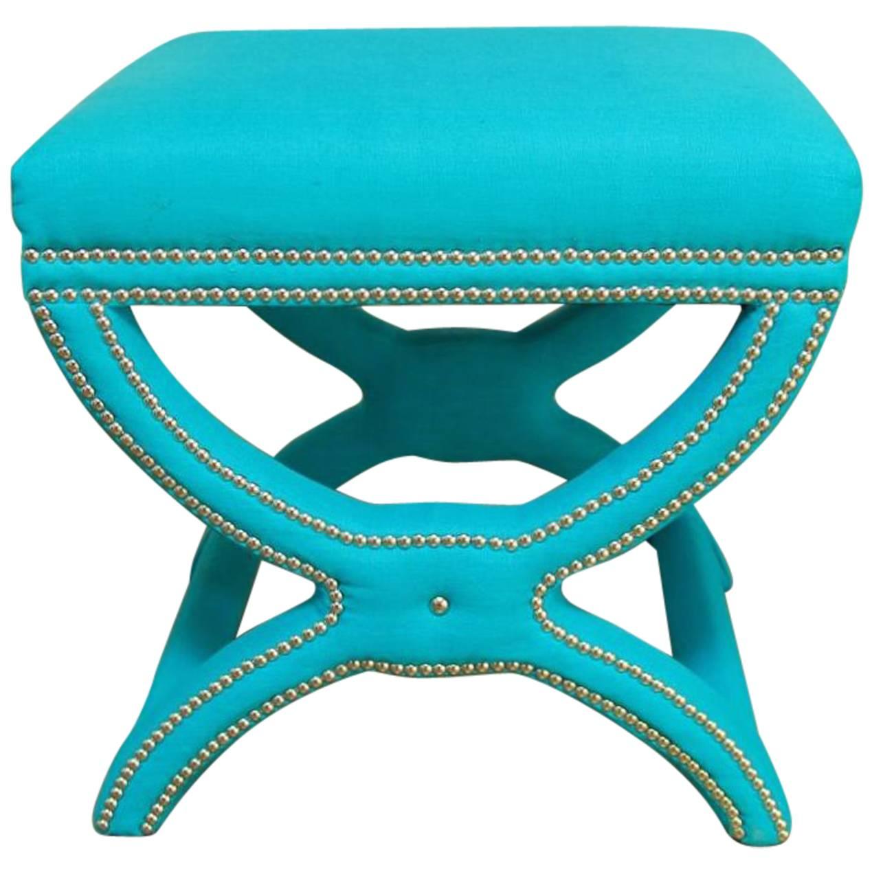 Hollywood Regency X-Form Linen Stool For Sale at 1stDibs