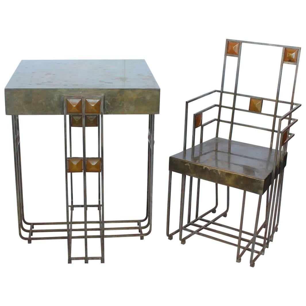 Amazing Josef Hoffman Style Bauhaus Set of Brass Table and Chair For ...