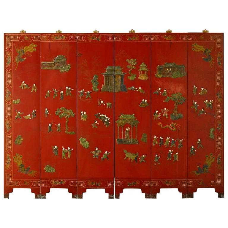 Six-Panel Chinese Red Lacquer Screen with Hardstone Inlay For Sale at ...