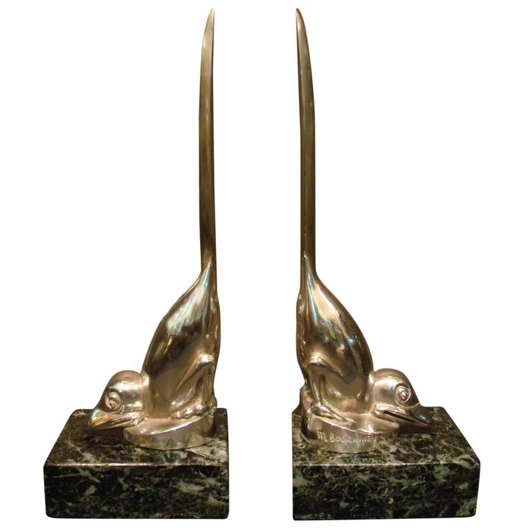 Art Deco Silver Plated Bronze Birds Bookends, M. Bouraine at 1stDibs