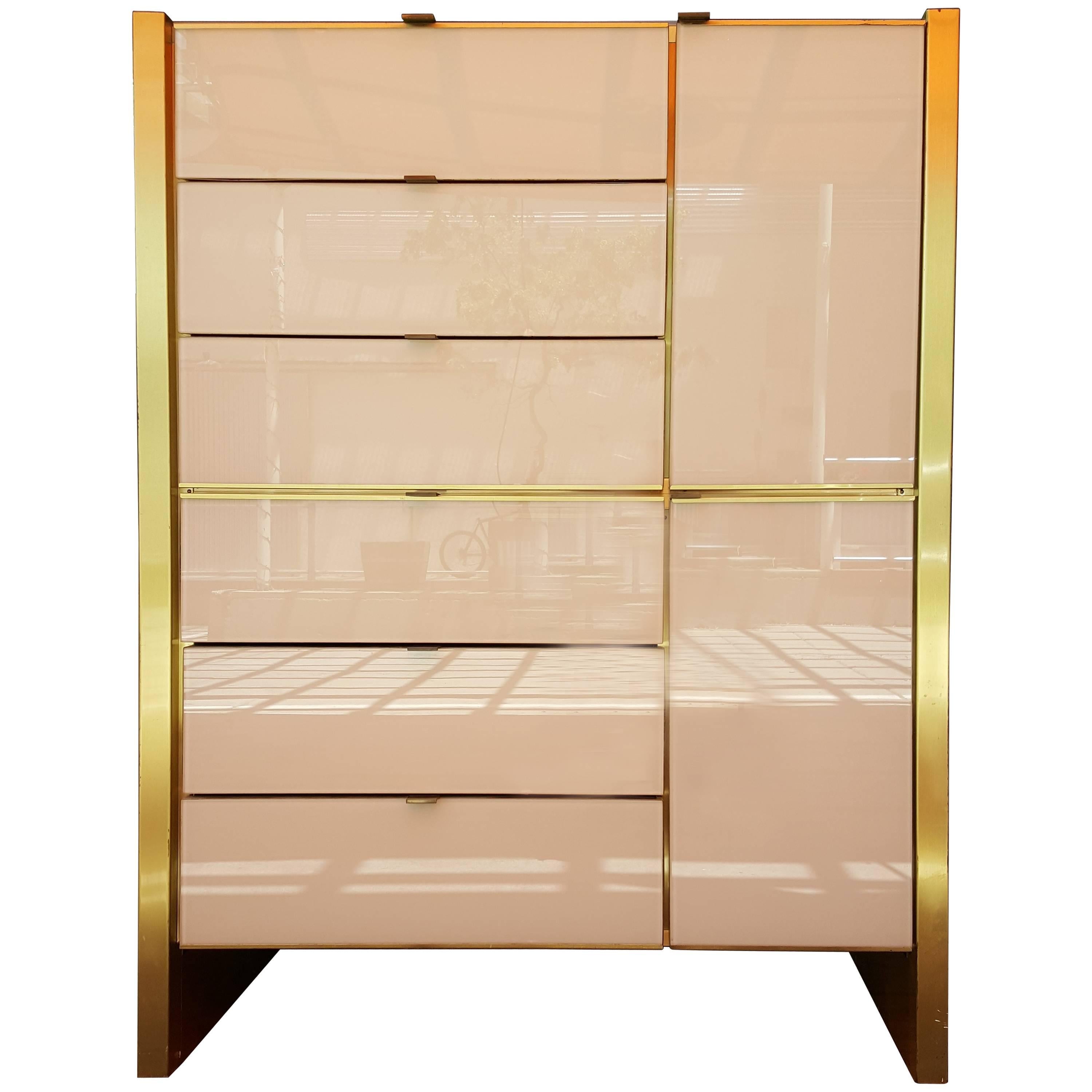 Tall Glass and Brass Dresser by Ello Furniture at 1stDibs