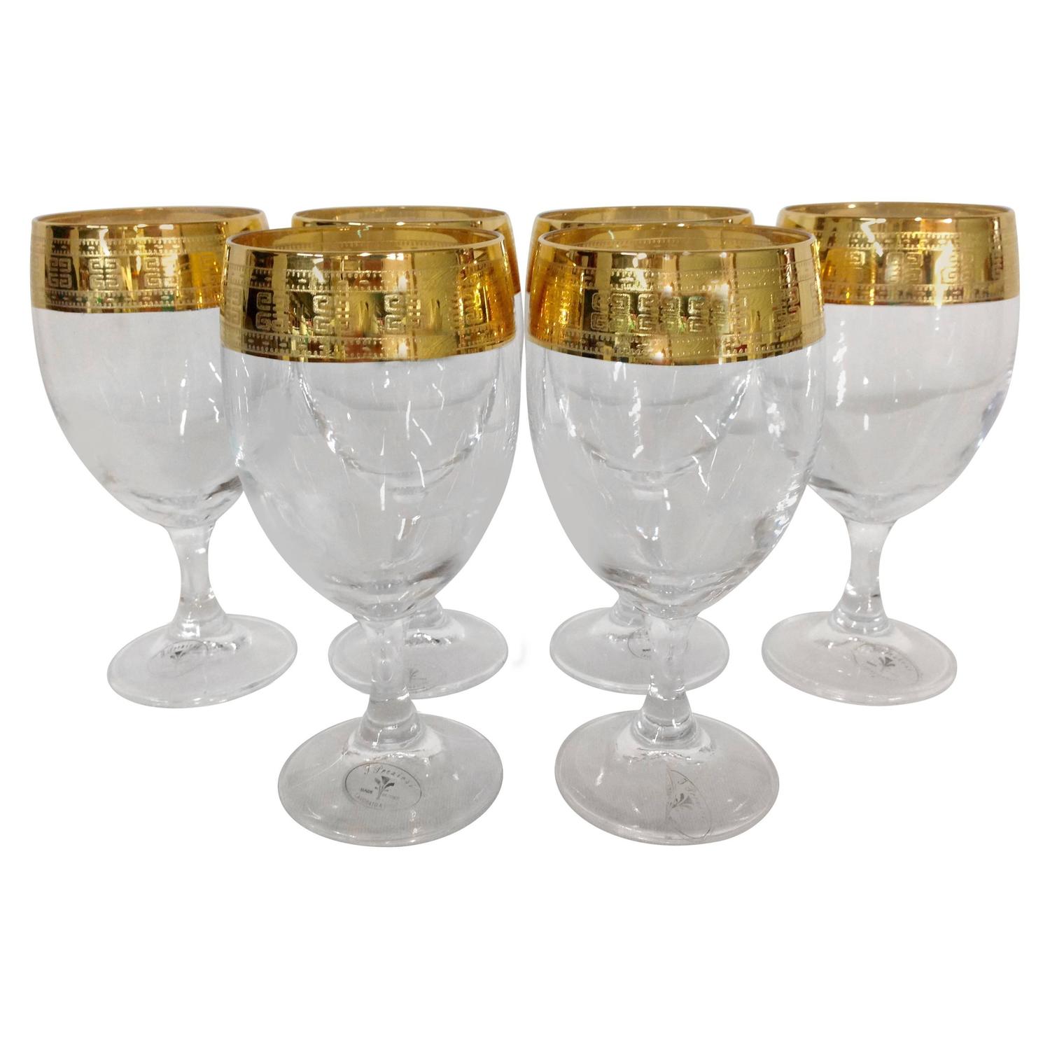 1980s Gold Rim Greek Key Stem Glasses, Set of Six at 1stdibs