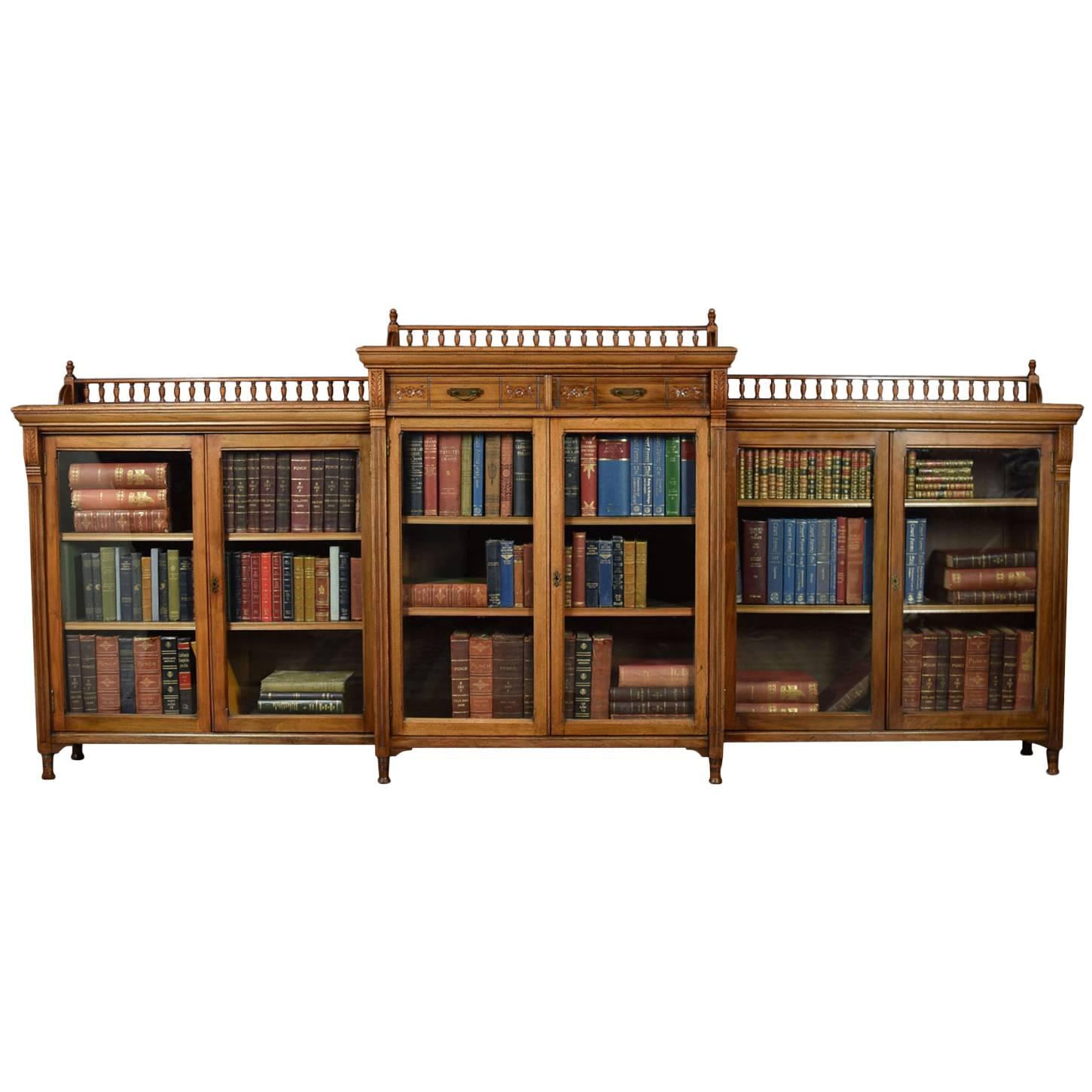 Large Late 19th Century Walnut Dwarf Breakfront Bookcase at 1stDibs