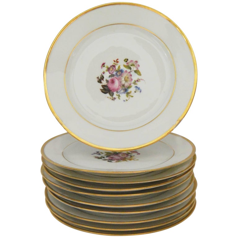 Set of Ten Empire Floral Decorated Gilt Banded Plates For Sale at 1stDibs
