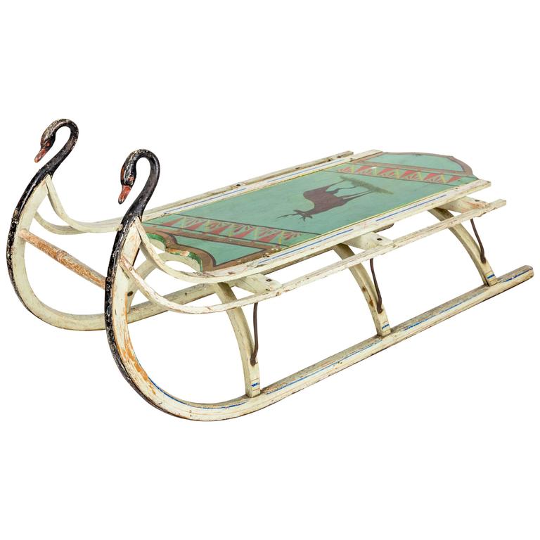 19th-Century Wooden Sled with Original Paint and Iron Swan Runners at ...