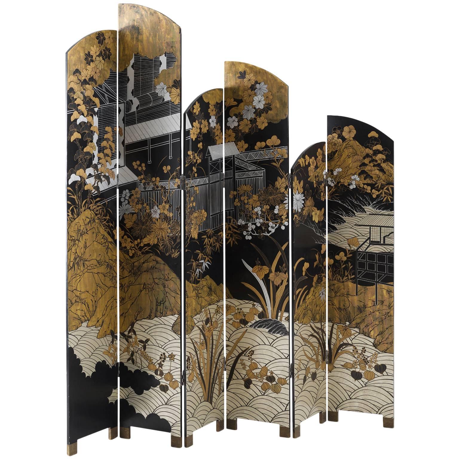 Folding Screen with Japanese Illustration at 1stDibs