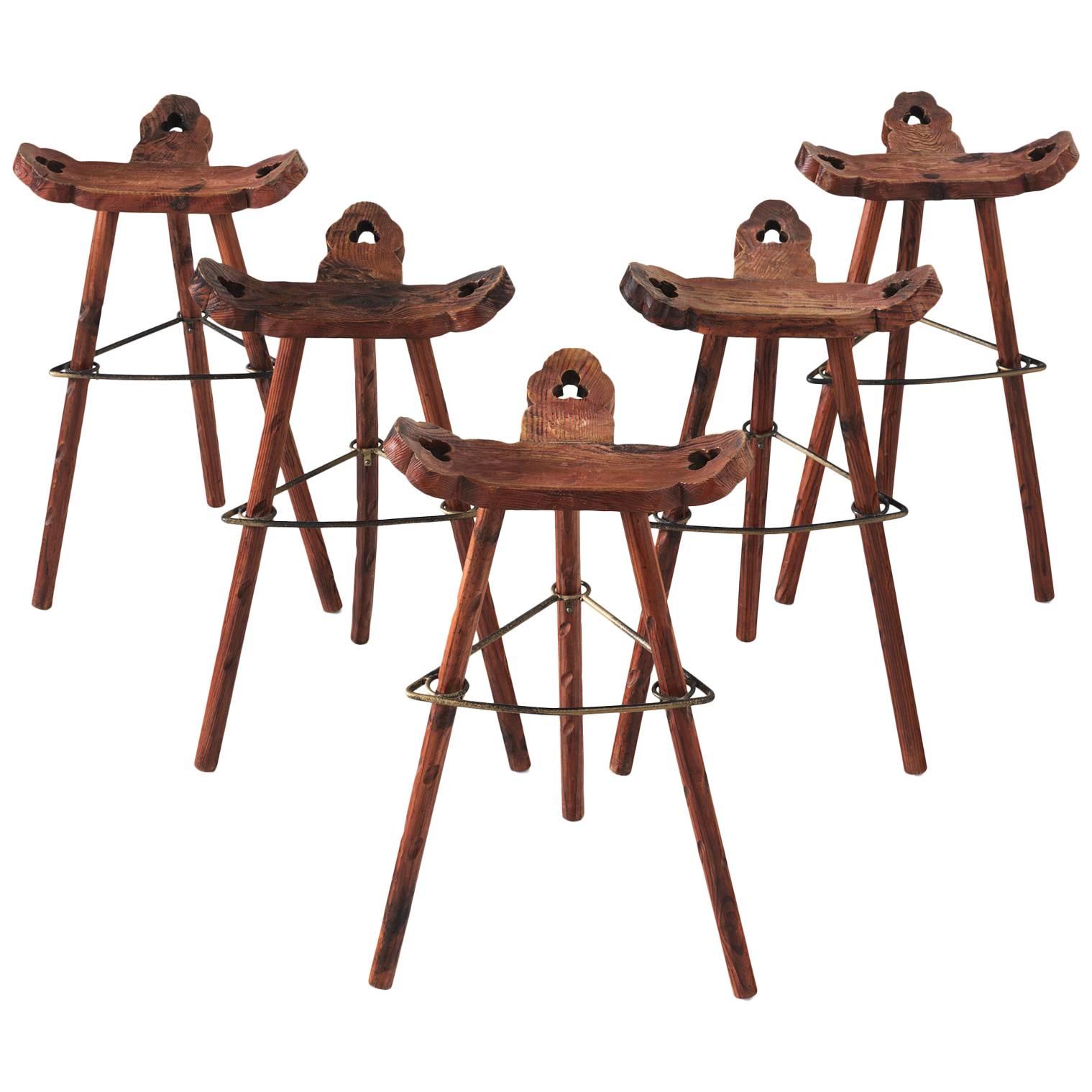 Set of Five Spanish Bar Stools in Solid Pine For Sale at 1stDibs
