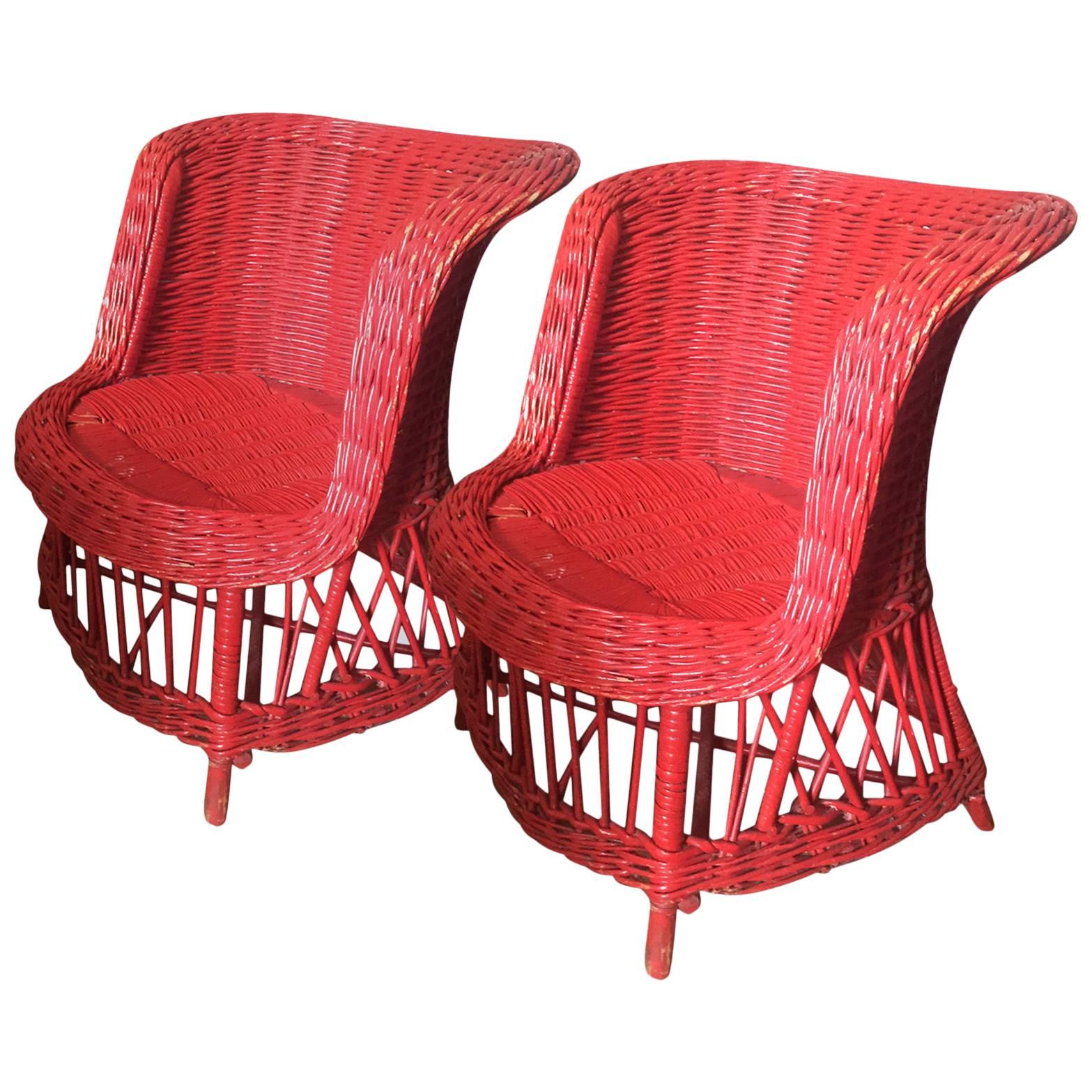 Pair of Red Wicker 1950s Armchairs or Deck Chairs For Sale at 1stDibs