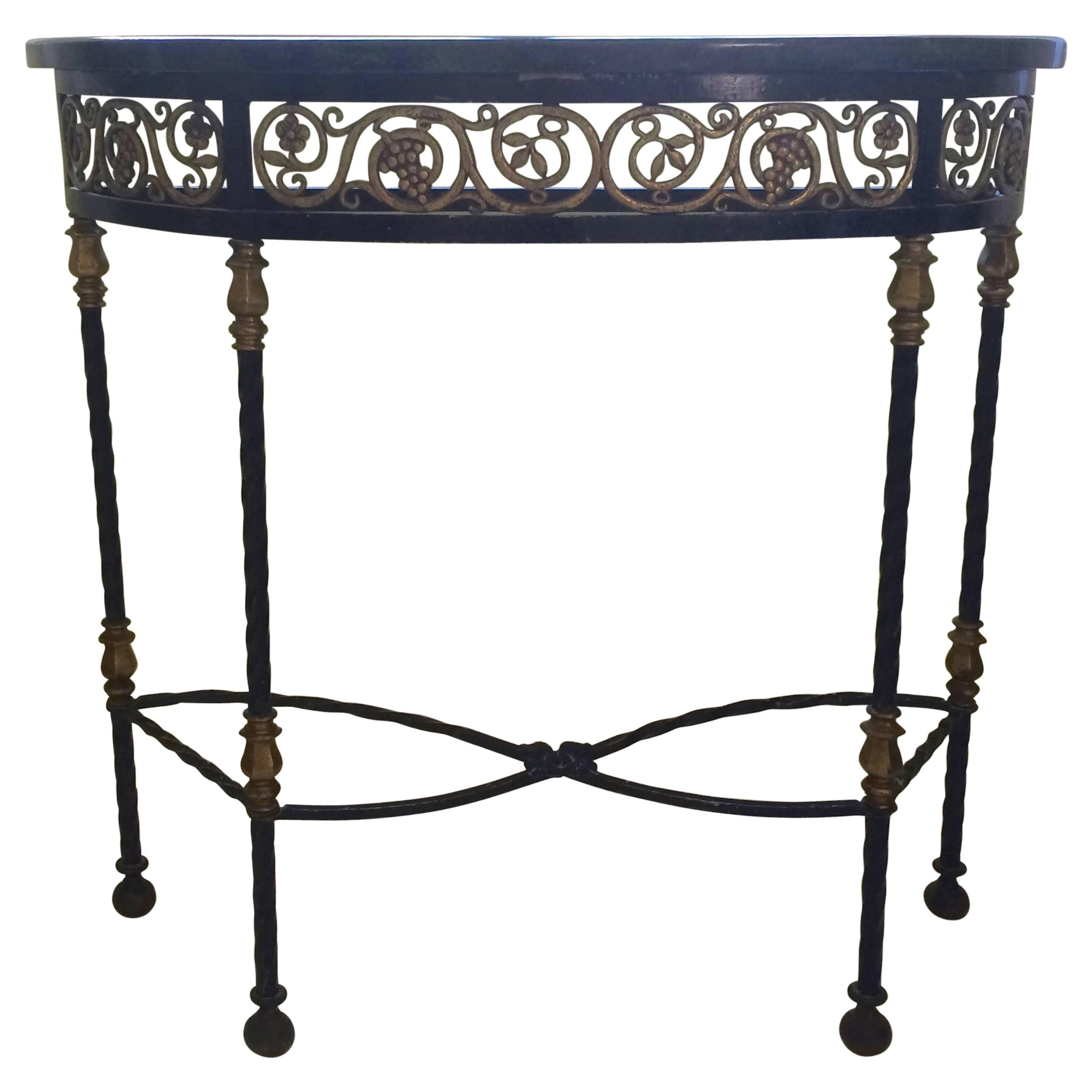 Elegant Black and Gold Iron Demilune with Marble Top at 1stDibs