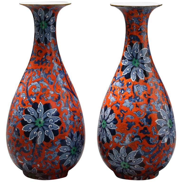 Pair of English Ironstone Vases in the Manner of Turkish Iznik Ware For ...