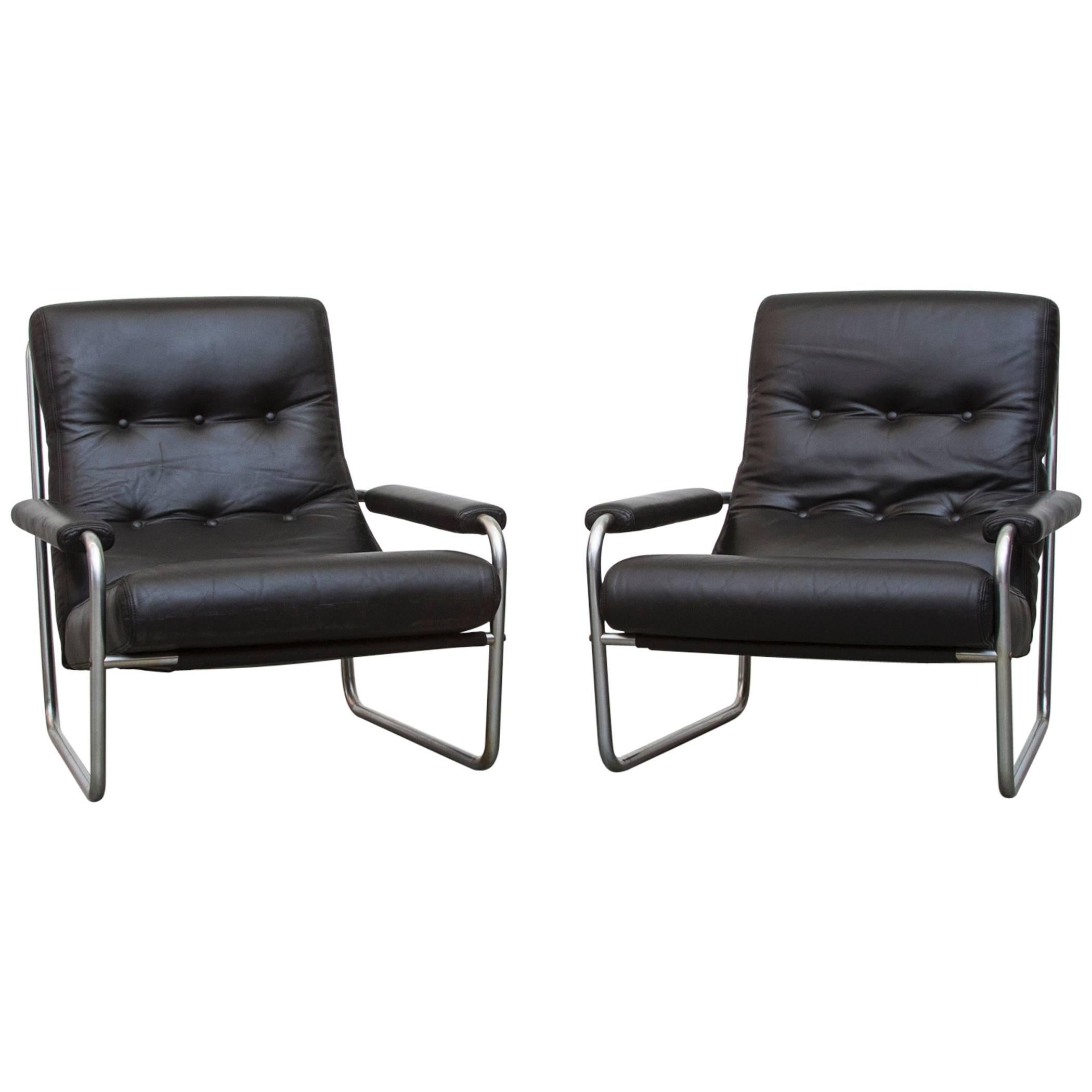 Pair of Black Leather and Chrome Arm Lounge Chairs at 1stDibs