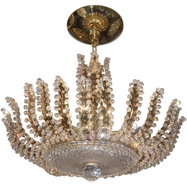 Unique Delicate Brass and Crystal Ceiling Fixture with Acanthus Leaf ...