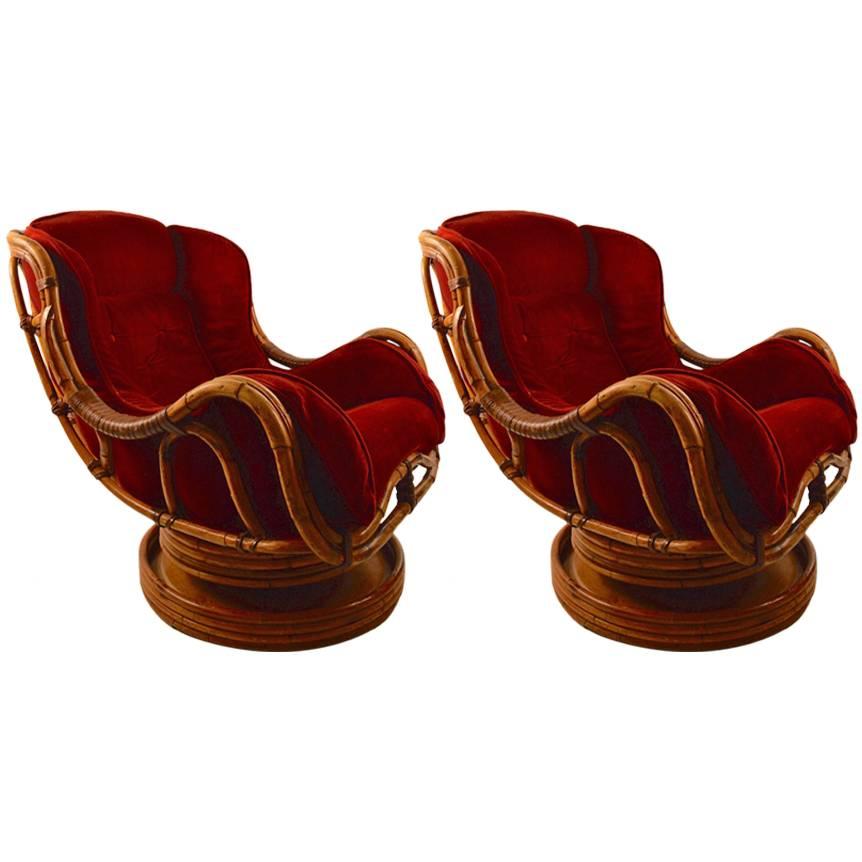 Pair of Swivel Tilt Bamboo Lounge Chairs at 1stDibs