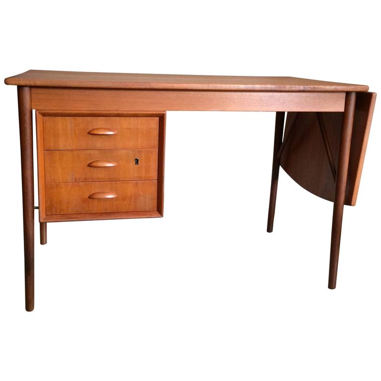 Danish Modern Teak Drop-Leaf Desk with Finished Bookshelf Back at ...