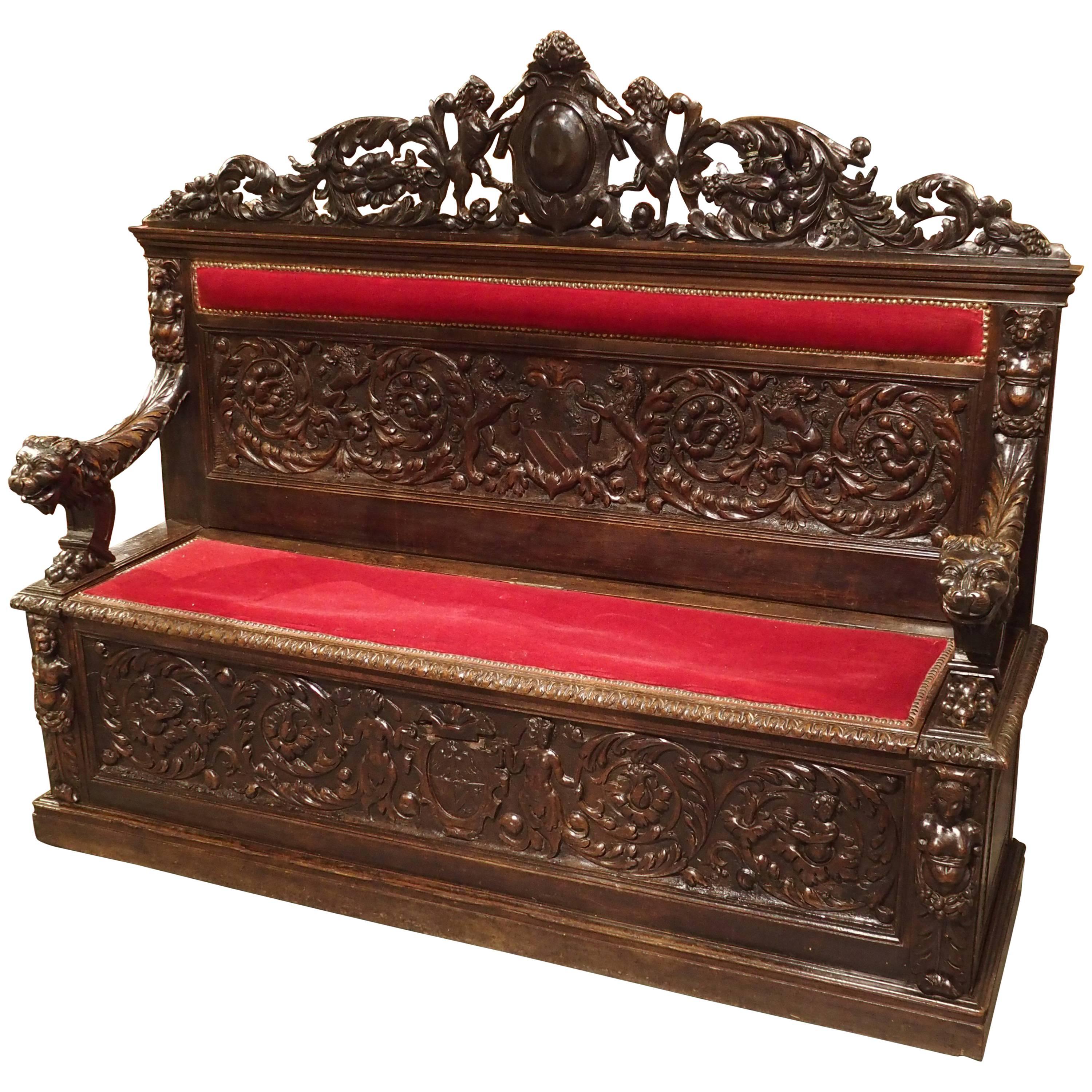 19th Century Renaissance Style Carved Walnut Wood Bench with Red Velvet ...