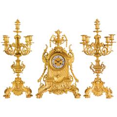 Three Piece Alabaster Clock Garniture in the Form of a Neo-Gothic ...
