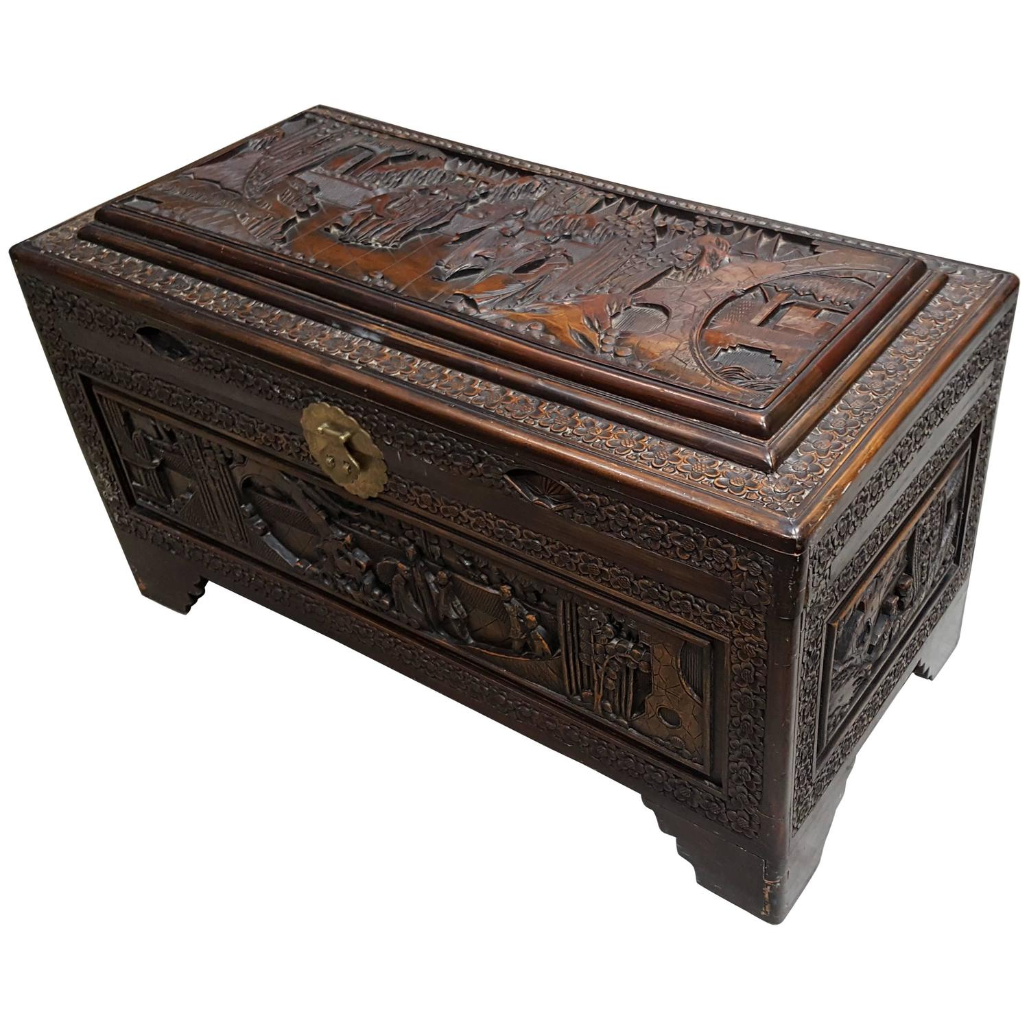 High Relief Carved Chinese Trunk For Sale at 1stdibs