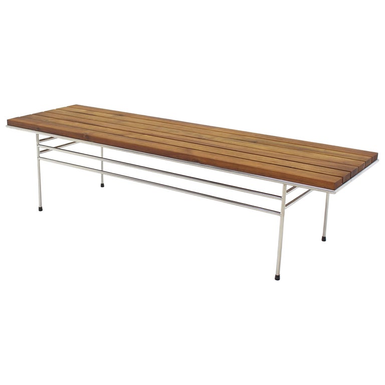 Solid Oiled Slat Wood Top Chrome Bench For Sale at 1stDibs