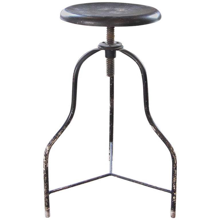 Vintage Black Metal Medical Stool with Three Legs, Adjustable Seat ...