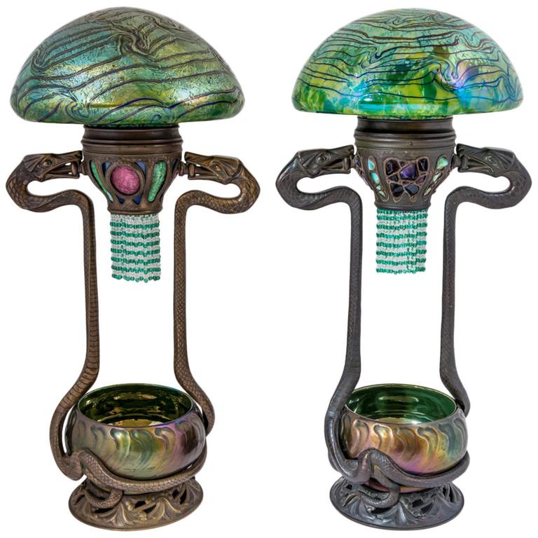Important Snake Lamps, Pair, circa 1900 Helosinware Vienna Kralik Style ...