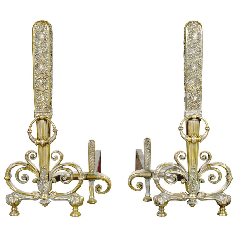 Fine Pair of Brass and Wrought Iron Andirons Attributed to Tiffany ...