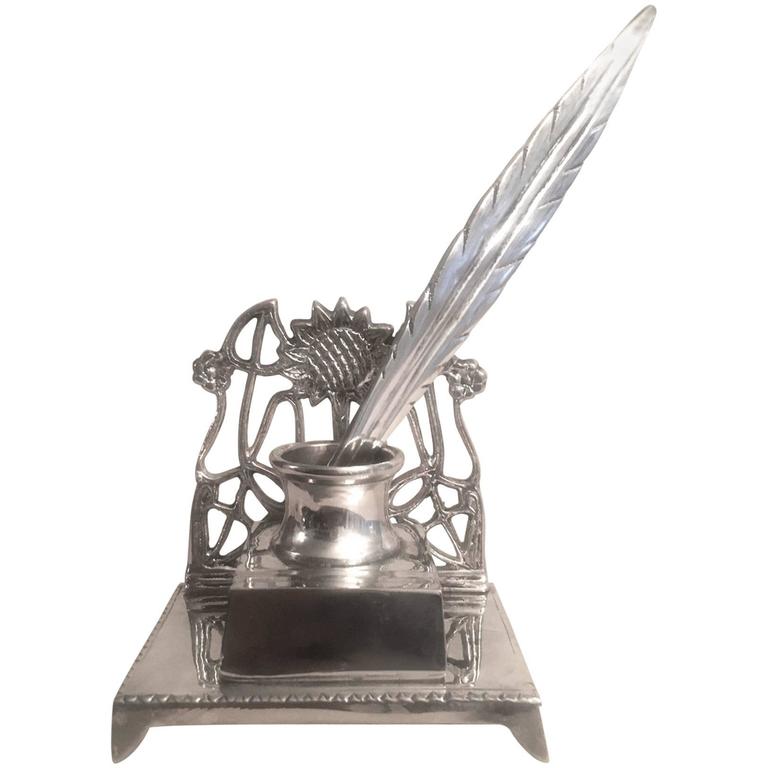 French Art Nouveau Silver Plate Ink Well with Silver Feather Quill ...