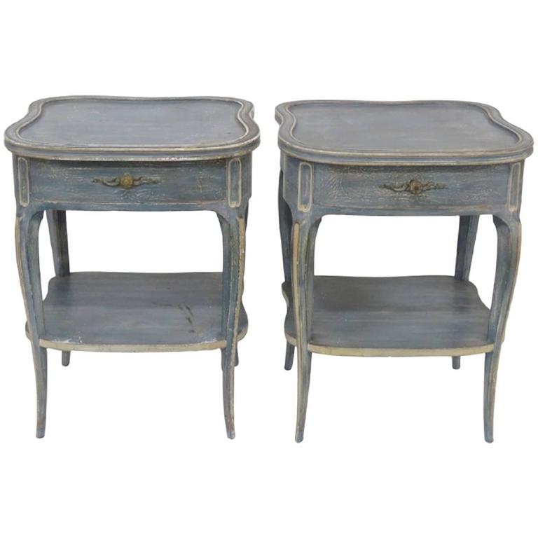 Pair of Don Ruseau Style Distressed Blue Painted Nightstands at 1stDibs