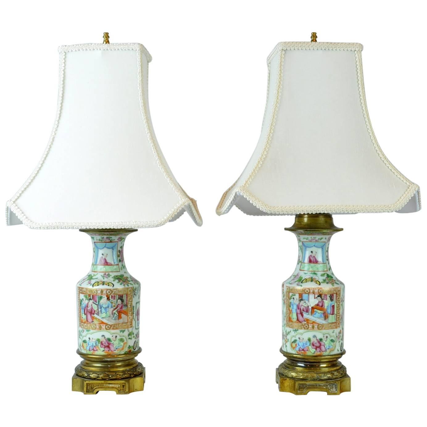 Pair of Small-Scale Chinese Rose Mandarin Lamps with Bronze Mounts at ...