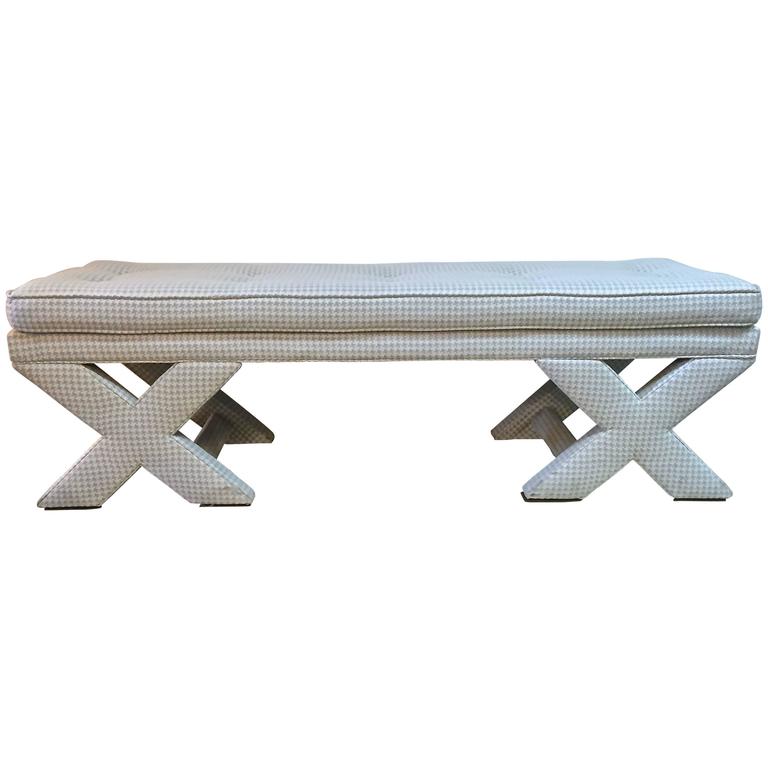 Double X Upholstered Tufted Powder Blue Houndstooth Bench For Sale at ...