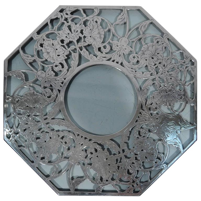 Unusual Octagonal Glass Trivet with Silver Overlay Garland at 1stDibs
