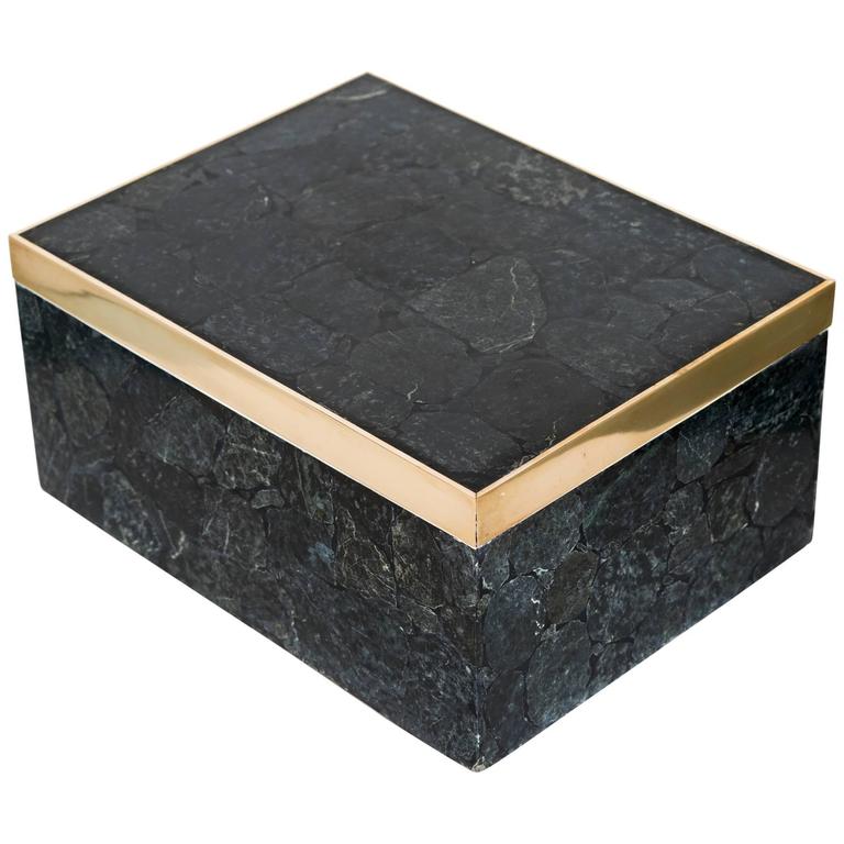 Large Exotic Black Agate Stone Box with Brass Detail at 1stDibs