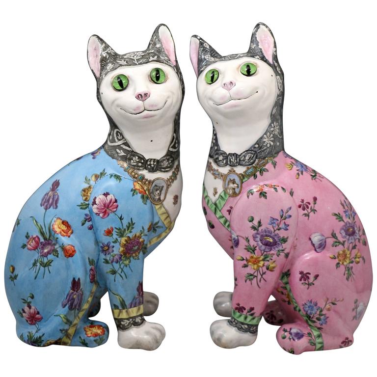 Pair of Antique Emile Galle Pottery Comical Cats, circa 1900 at 1stDibs