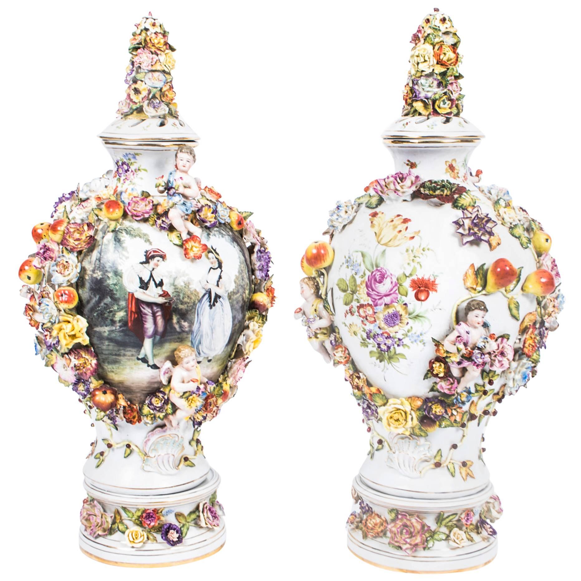 Pair Dresden Style Hand Painted Porcelain Vases at 1stDibs