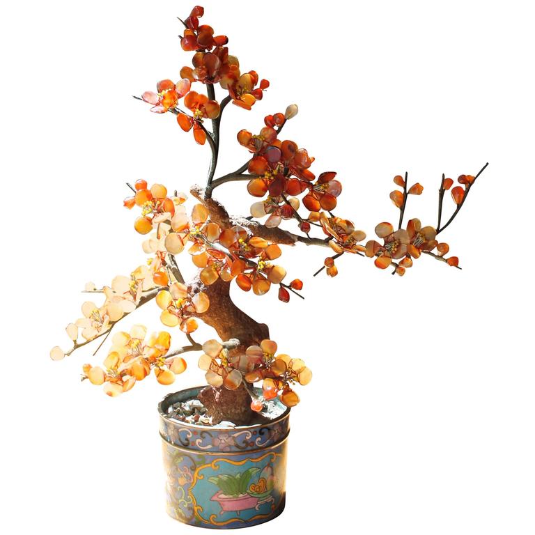Good Luck Tree with Hard Stones in Cloisonné Pot at 1stDibs