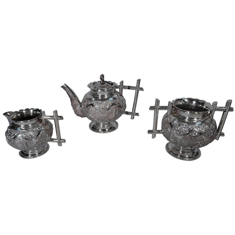 Colonial Indian Silver Tea Set with Exotic Scenes For Sale at 1stDibs