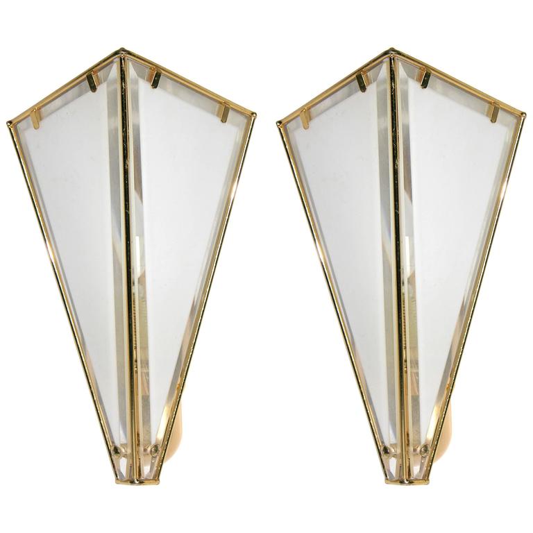 1980 Metalarte Pair of Brass and White Frosted Glass Triangular Wall ...