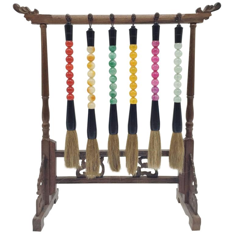 Set of Six Calligraphy Brushes and Rosewood Stand For Sale at 1stDibs