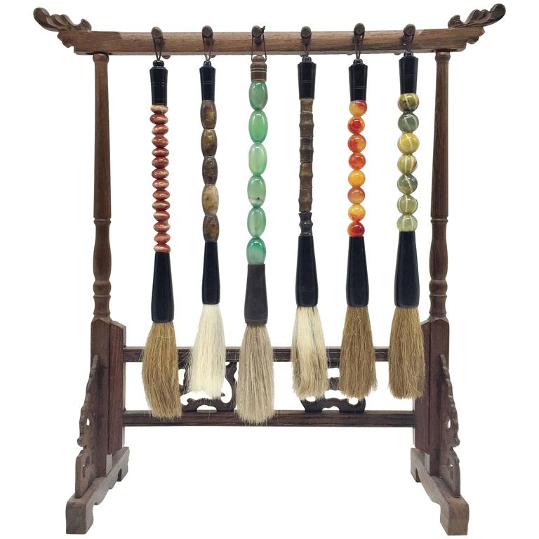 Set of Six Calligraphy Brushes and Rosewood Stand For Sale at 1stDibs
