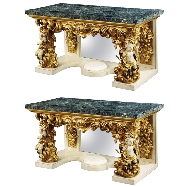 Pair of Carved Giltwood and Green Marble Console Tables in the Italian ...