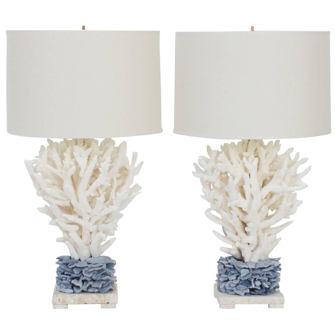 Inspired Pair of Blue and White Staghorn Coral Table Lamps at 1stDibs