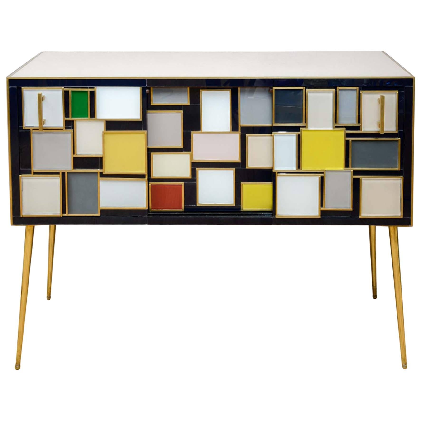 Buffet All in Teinted Glass with Two Sliding Doors at 1stDibs