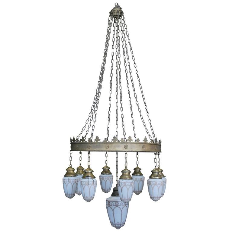 1910 Large Brass Hotel Lobby Nine Pendant Chandelier For Sale at 1stdibs