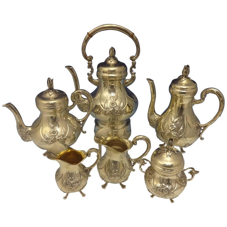German Sterling Silver Tea Set Six-Piece Handmade w/ Applied Flowers ...