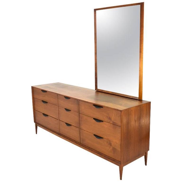 Walnut Nine-Drawer Dresser with Mirror by Dillingham at 1stDibs
