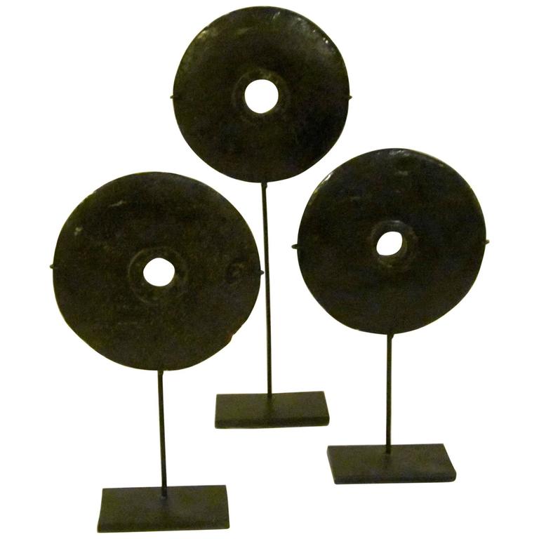 Set of Three Small Black Stone Coin Sculptures, Indonesia, Contemporary ...