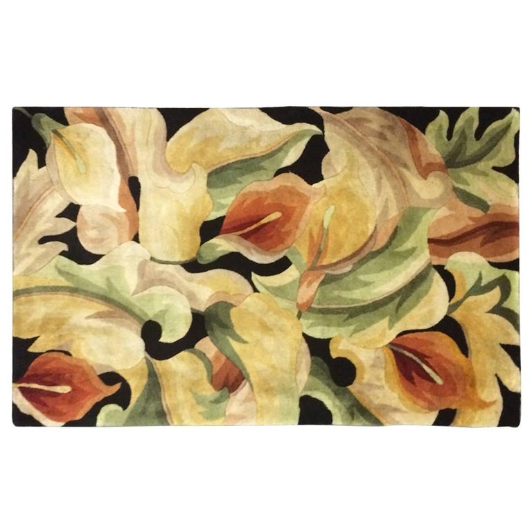Colorful Wool Floral Rug on Black Background For Sale at 1stDibs