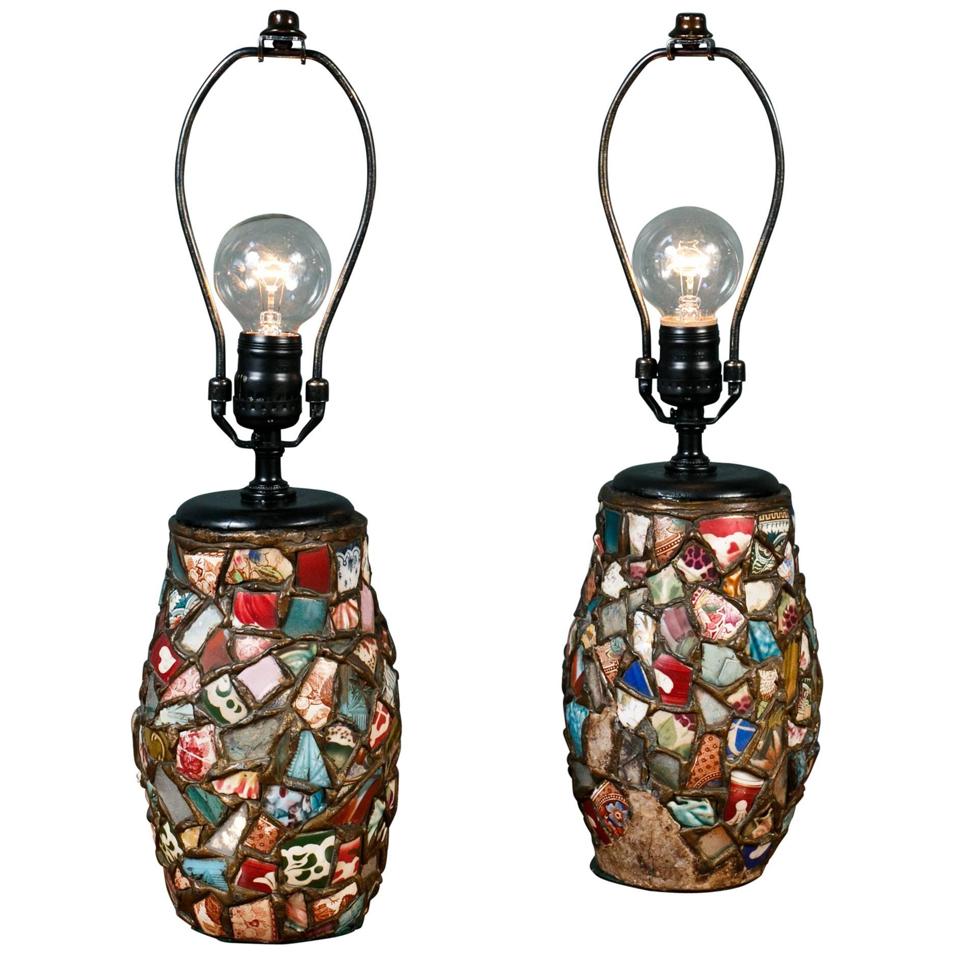Pair of Vintage, Charming Porcelain Mosaic Table Lamps at 1stDibs