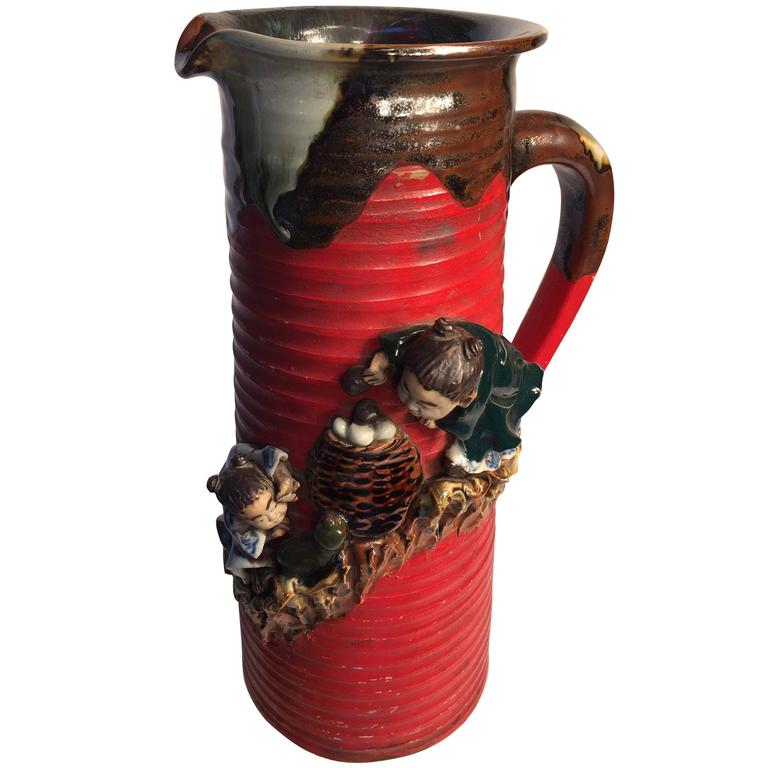 Japan Antique Hand made hand glazed Pitcher with Two Playful Youths ...