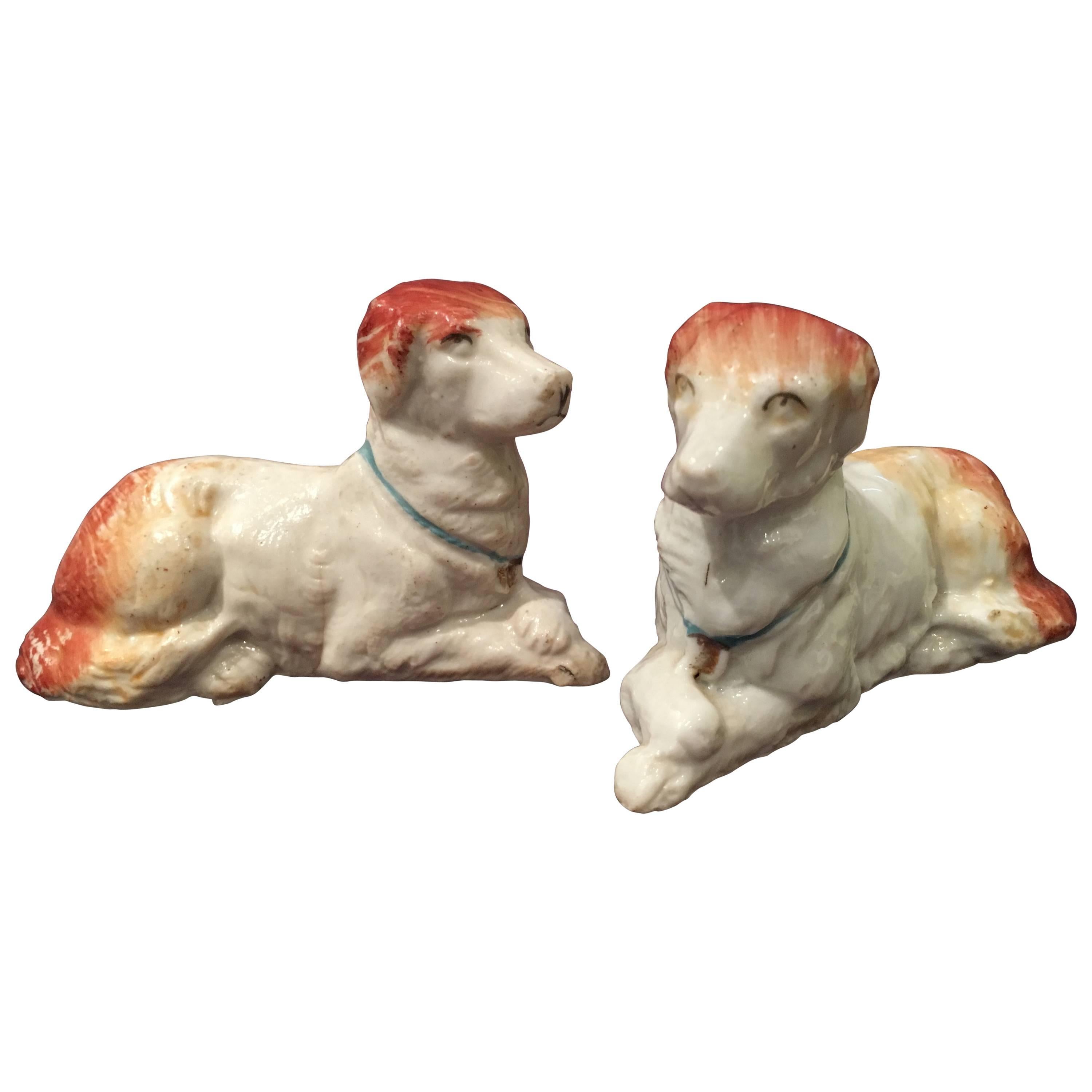 Antique Rare Pair of Recumbent Staffordshire Dogs For Sale at 1stDibs